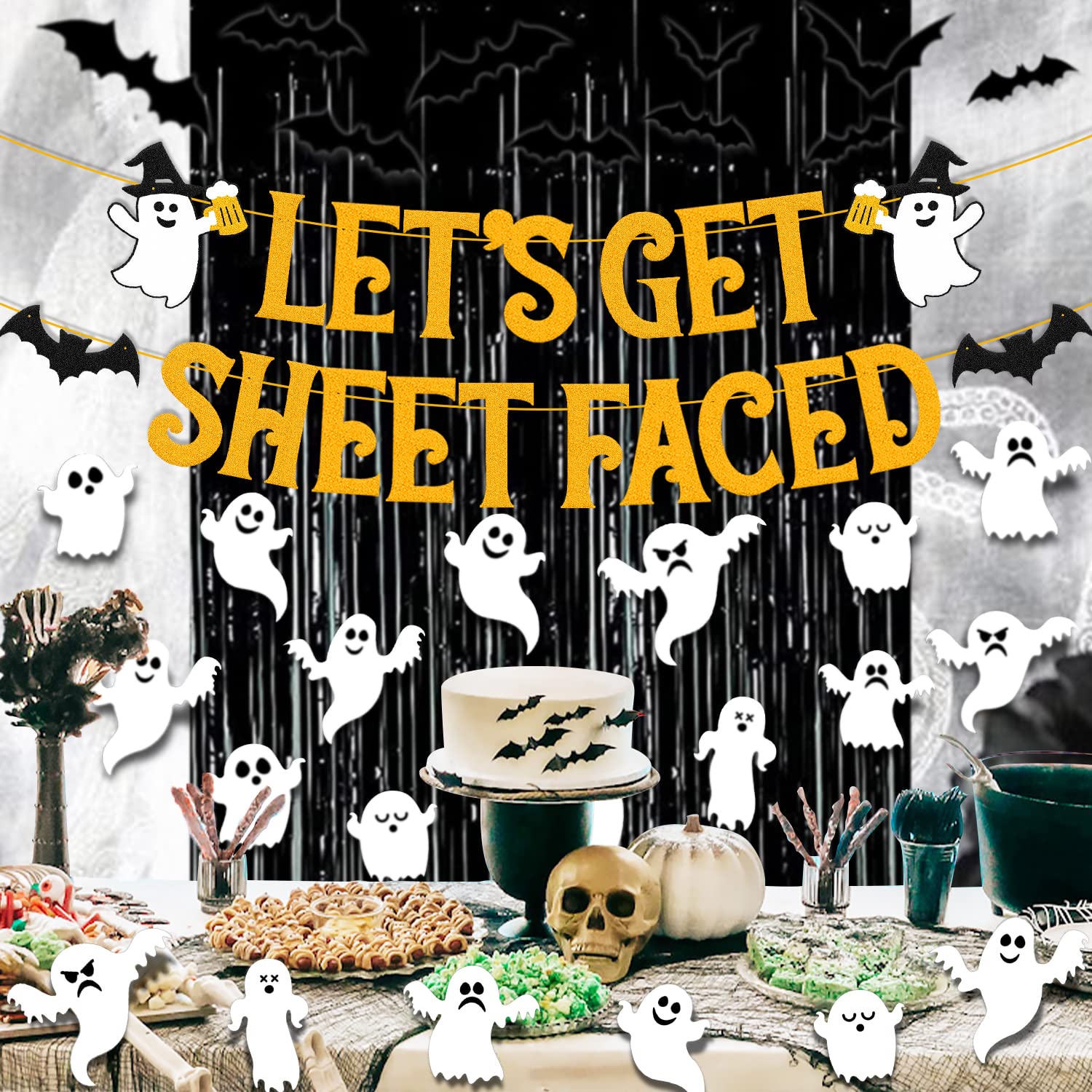 36 PCS Halloween Party Decorations Lets Get Sheet Faced Banner Black Foil Curtains Backdrop Bat Ghost Wall Decor Halloween Haunted House Witches Theme for Kids Boy Girl Halloween Party Supplies