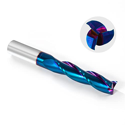 Spiral CNC Router Bits 1/2 inch Shank Square End Mill Extra Long (4 inch Total Length) 3 Fluter Up Cut Solid Carbide Milling Tool with Nano Blue Coating for Wood Mortises Carving