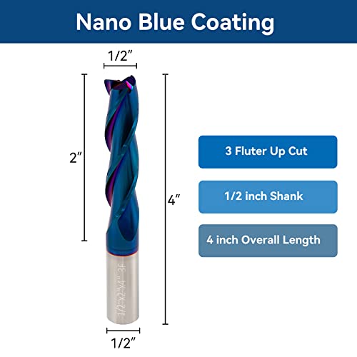 Spiral CNC Router Bits 1/2 inch Shank Square End Mill Extra Long (4 inch Total Length) 3 Fluter Up Cut Solid Carbide Milling Tool with Nano Blue Coating for Wood Mortises Carving