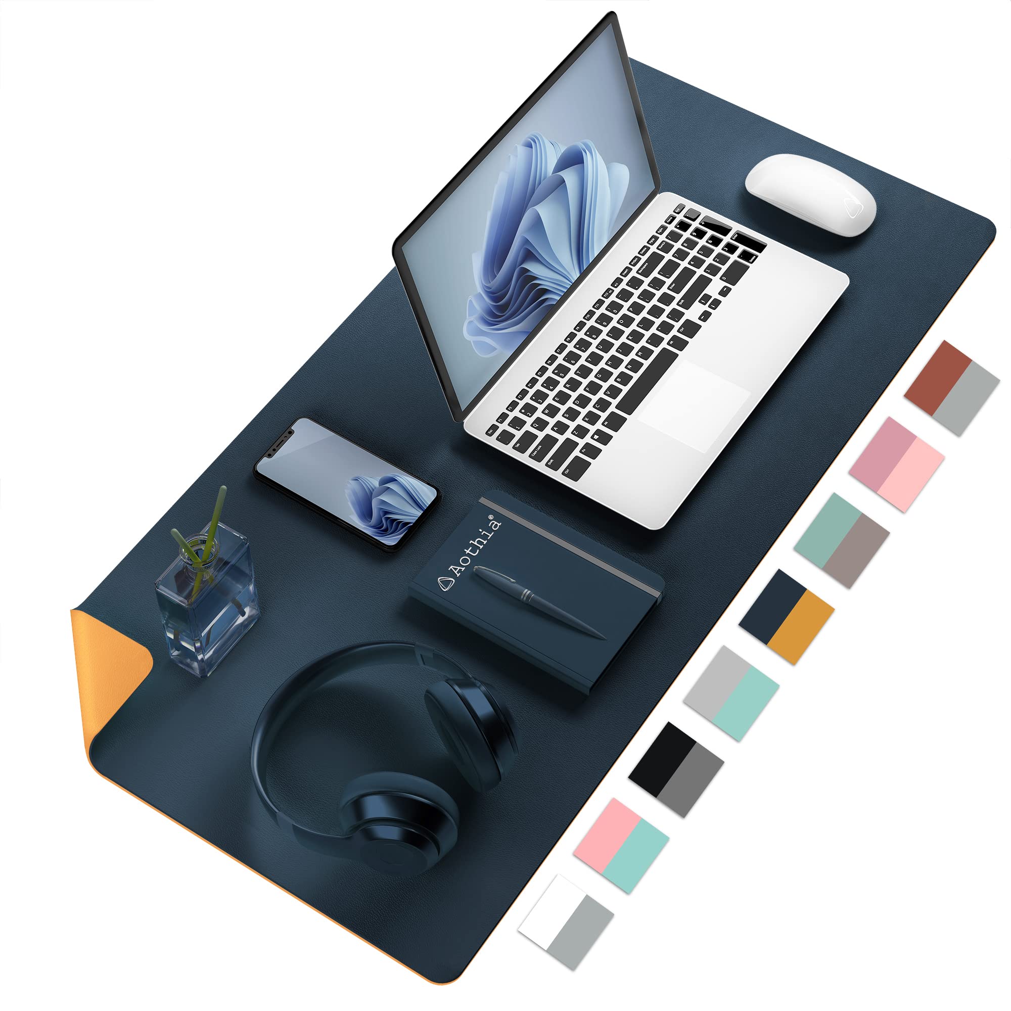 Desk Mat Large protector Pad - Multifunctional Dual-sided Office Desk Pad,Smooth Surface Soft Mouse Pad,Waterproof Desk Mat for Desktop, Pu Leather Desk Cover for Office/Home(Dark Blue, 31.5" x 15.7")