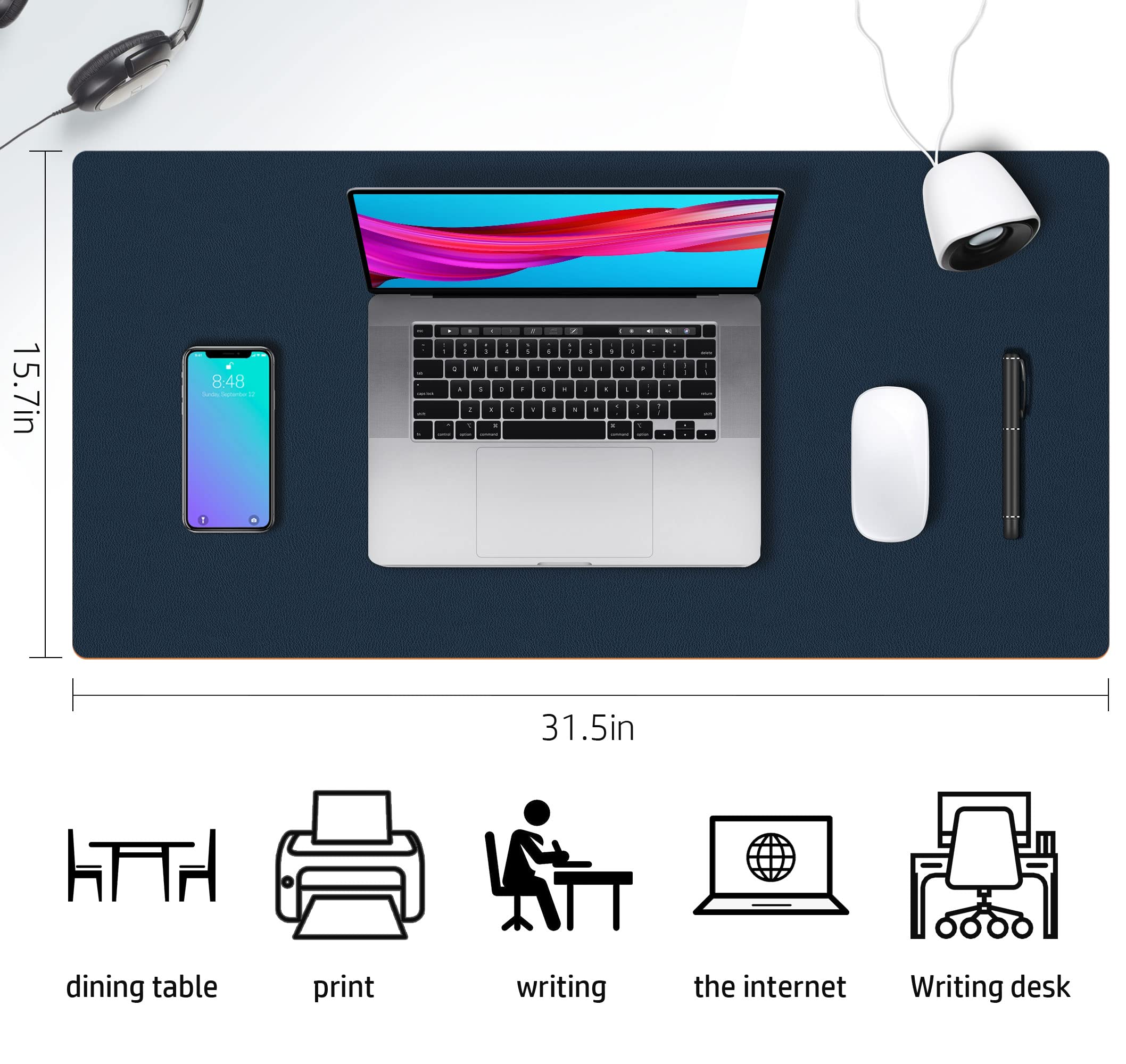 Desk Mat Large protector Pad - Multifunctional Dual-sided Office Desk Pad,Smooth Surface Soft Mouse Pad,Waterproof Desk Mat for Desktop, Pu Leather Desk Cover for Office/Home(Dark Blue, 31.5" x 15.7")