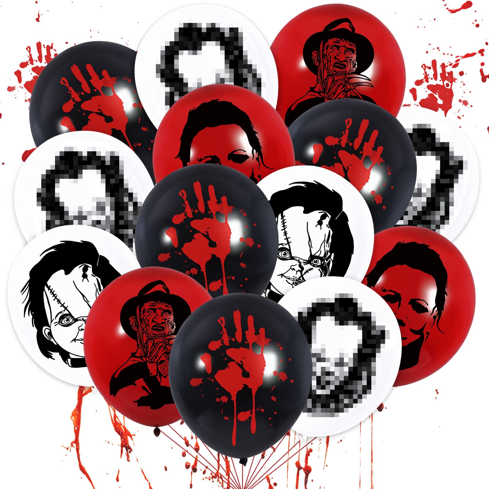 Whaline 65Pcs Halloween Balloons Black White Red Blood Splatter Balloons Bloody Handprint Latex Balloons Scary Party Decoration for Halloween Party Favor Haunted House Crime Scene Party Supplies