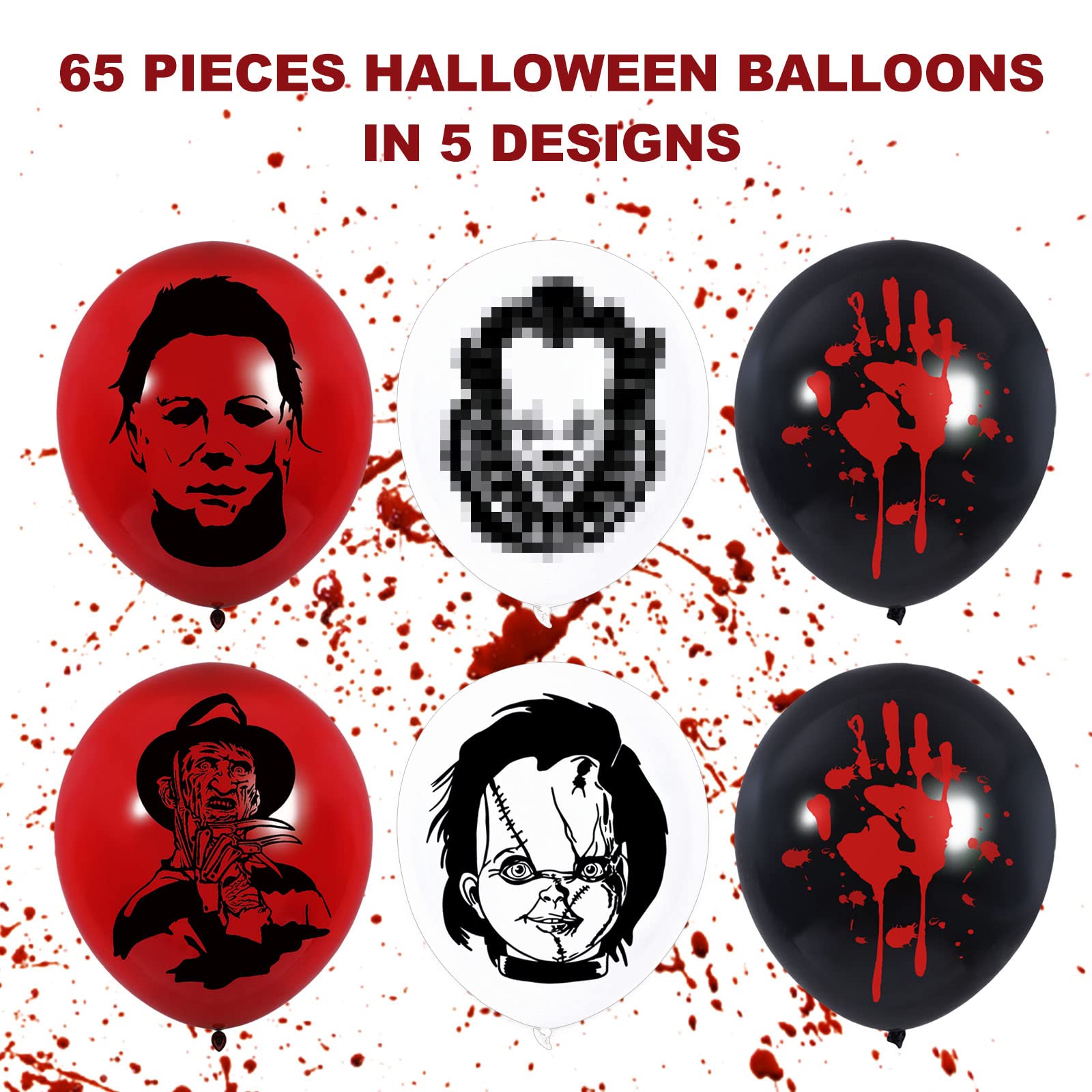 Whaline 65Pcs Halloween Balloons Black White Red Blood Splatter Balloons Bloody Handprint Latex Balloons Scary Party Decoration for Halloween Party Favor Haunted House Crime Scene Party Supplies