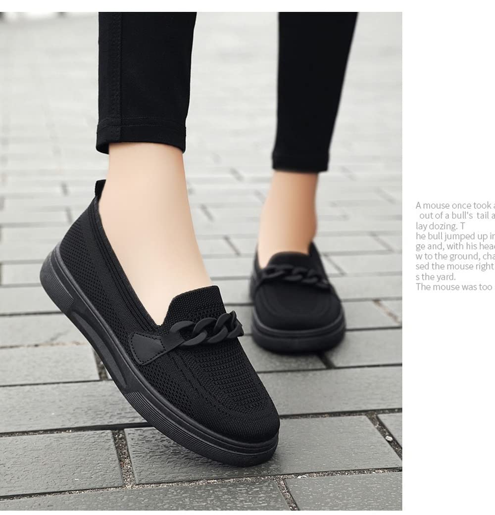 Fenlogft Womens Round Toe Wide Shoes Breathable Lightweight Loafers for Elderly Women Walking Nurse Work Flat Slip-On Shoes(G-Q809 Black,Size 6.5)