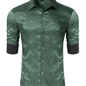 EliteSpirit Mens Rose Printed Dress Shirts Floral Button Down Shirt Long Sleeve Shirts for Party Prom Green S