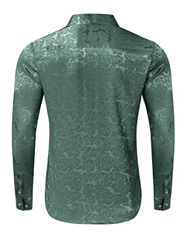 EliteSpirit Mens Rose Printed Dress Shirts Floral Button Down Shirt Long Sleeve Shirts for Party Prom Green S