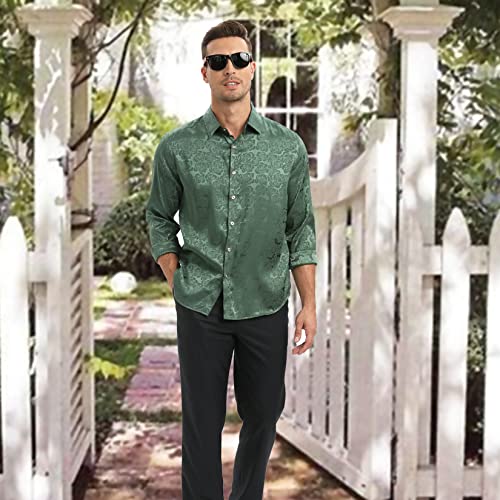 EliteSpirit Mens Rose Printed Dress Shirts Floral Button Down Shirt Long Sleeve Shirts for Party Prom Green S