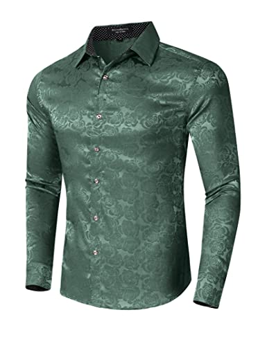 EliteSpirit Mens Rose Printed Dress Shirts Floral Button Down Shirt Long Sleeve Shirts for Party Prom Green S