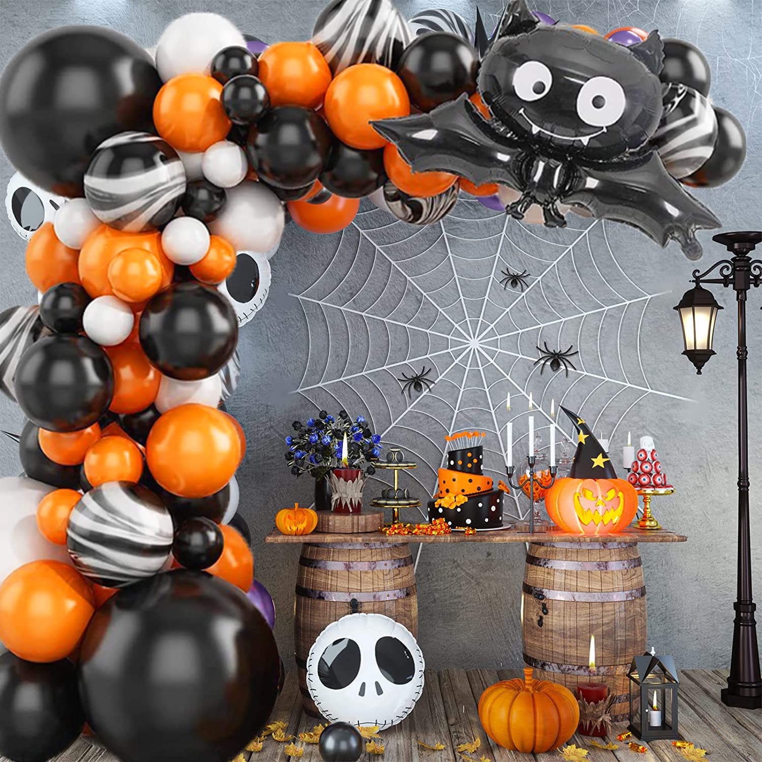 Halloween Balloons Garland Kit, Halloween Spider Web Black Orange Gray Balloons Spider Balloons for Halloween Day Party Kids Birthday House Party Haunted House Decorations