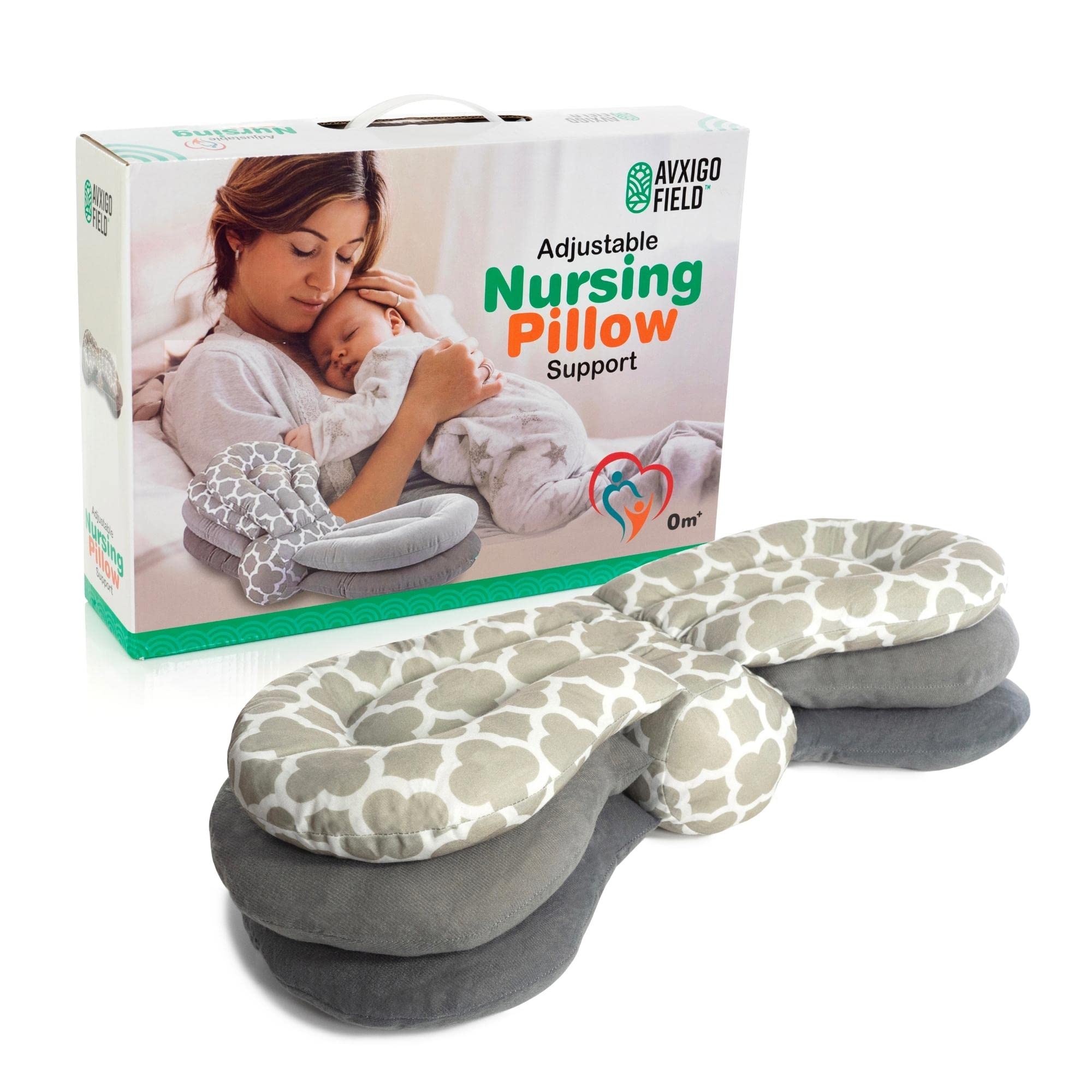 AVXIGO FIELD Adjustable Nursing Pillow Support for Breastfeeding Moms - Multi-Functional and Multi-Layer Postnatal Posture Support Pillow, Geometric Design - Complete with Gift Box