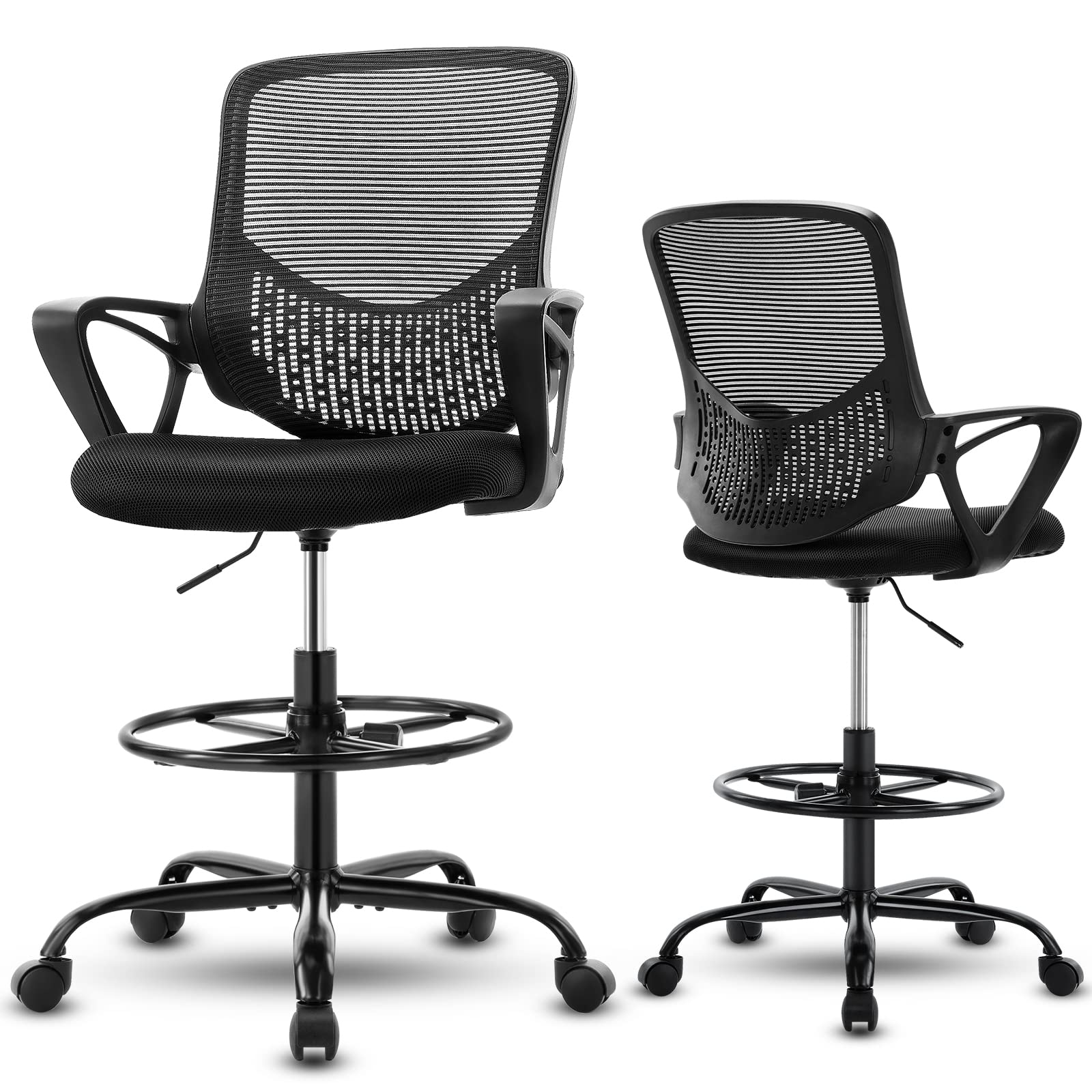 JHK Tall, Standing, Counter Computer, Mid-Back Mesh Office Drafting Chair with Armrests, Height Adjustable Foot Ring for Adults, Black