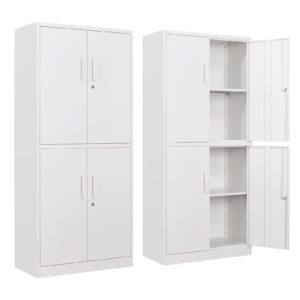 stani metal storage cabinet, locking steel storage cabinet with 4 doors and 2 adjustable shelves, 71" steel lockable file cabinet, tall steel cabinet for home office,garage,school (white)