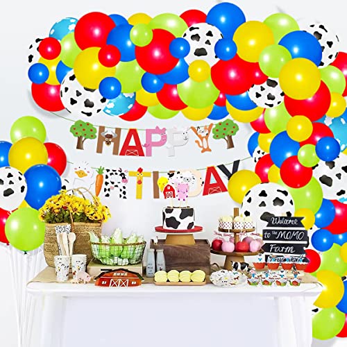 Royal Blue, Yellow, Lime Green, Red Balloons Set - 122PCS White Cow Print Balloon Blue Yellow Green Balloon Arch Rainbow Balloons for Cow Toys Boys Story theme Birthday Baby Shower Graduation Party