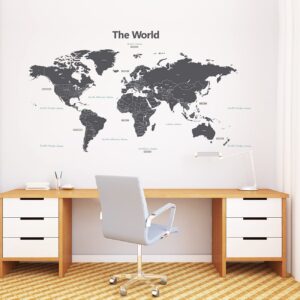 decowall dl3-1609gf xlarge modern flag grey world map kids wall stickers (66x35 inch) wall decals peel and stick removable wall stickers for kids nursery bedroom living room decor