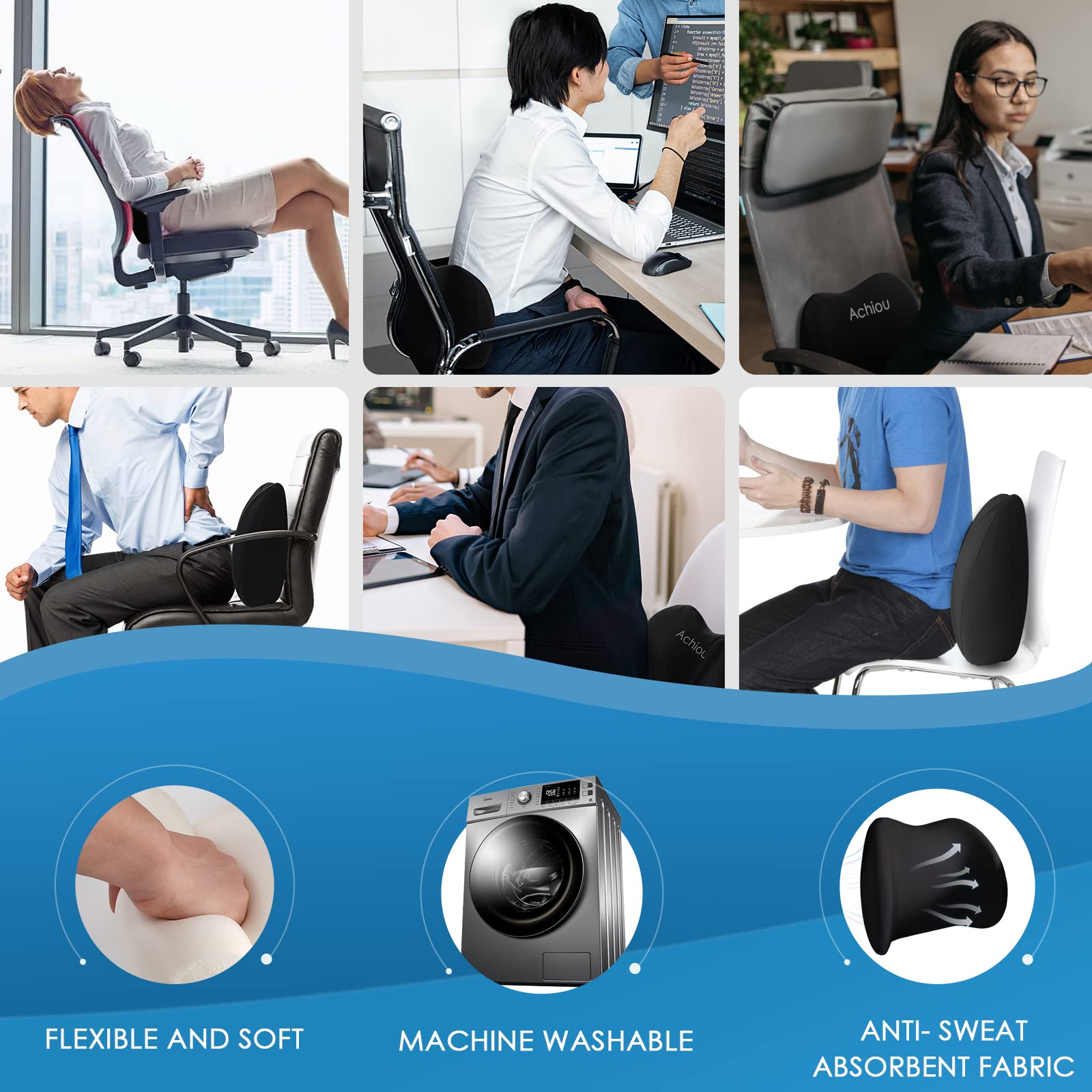 Achiou Lumbar Support Pillow for Office Chair Car Seat Orthopedic Chair, Memory Foam Pad and Back Cushion for Back Pain Relief, Versatile Use Supportive Cushion