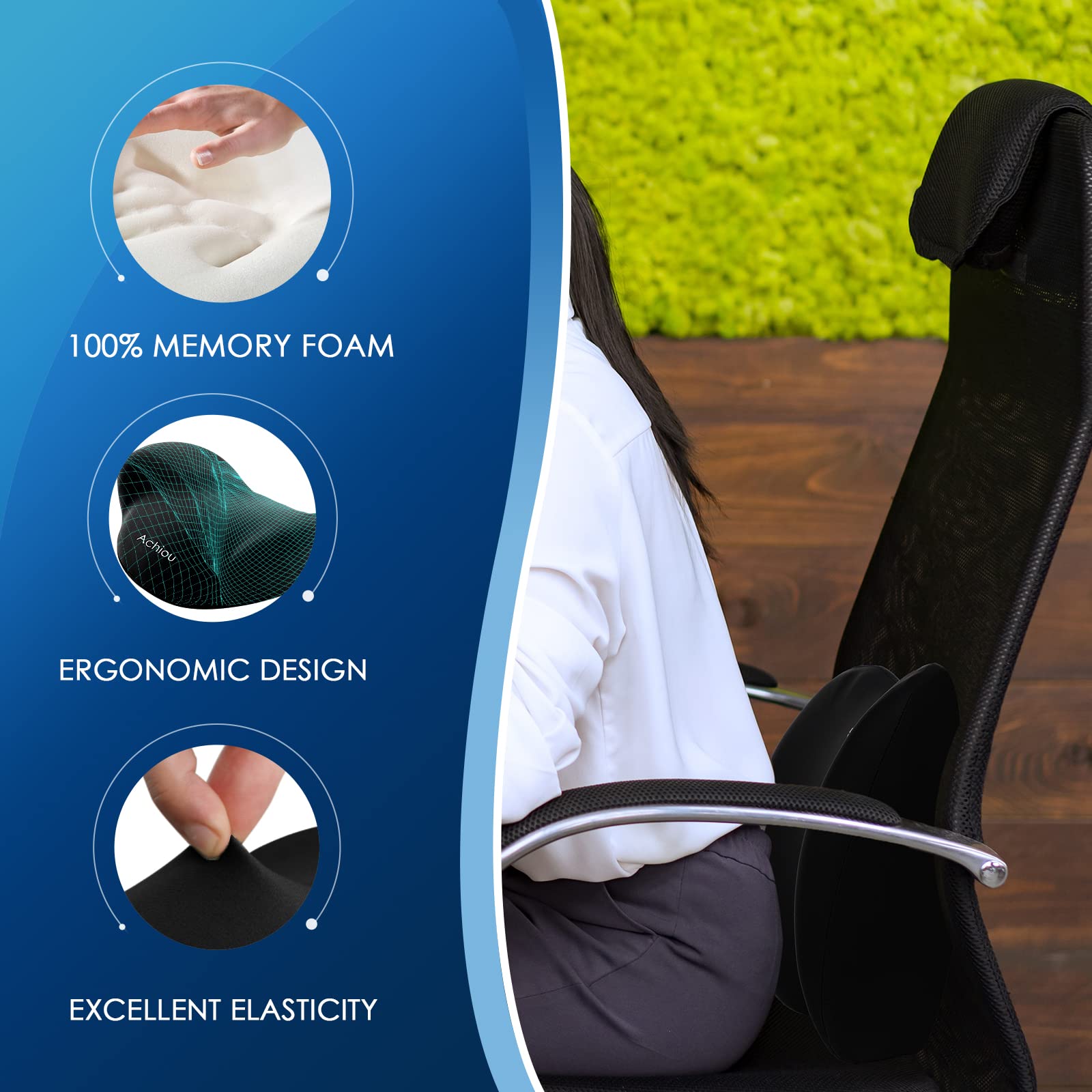 Achiou Lumbar Support Pillow for Office Chair Car Seat Orthopedic Chair, Memory Foam Pad and Back Cushion for Back Pain Relief, Versatile Use Supportive Cushion