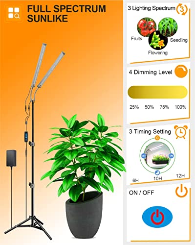 DOMMIA LED Grow Lights, 3 Modes Grow Lights for Indoor Plants Full Spectrum with 60" Adjustable Tripod Stand,180 LED Plant Grow Light with Stand 6/10/12 Timer Dimmable Grow Light Strip for Tall Plants