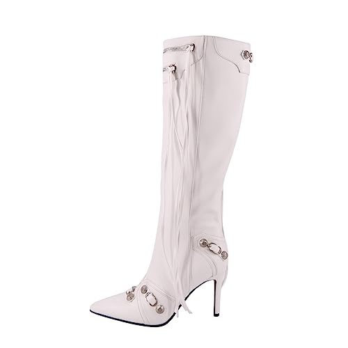 onlymaker Women's Stiletto Heel Knee High Boots Pointed Toe Side Zipper Chains Rivets Fringe Tassels Mid Calf Party Boots White Size 9