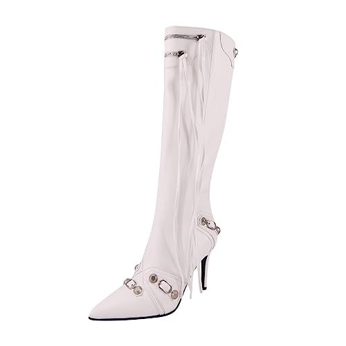 onlymaker Women's Stiletto Heel Knee High Boots Pointed Toe Side Zipper Chains Rivets Fringe Tassels Mid Calf Party Boots White Size 9