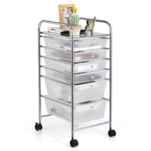 relax4life storage drawers cart classroom organization 6 plastic drawers - rolling carts on wheels semi-transparent utility cart for school files arrangement storage organizer cart (clear)