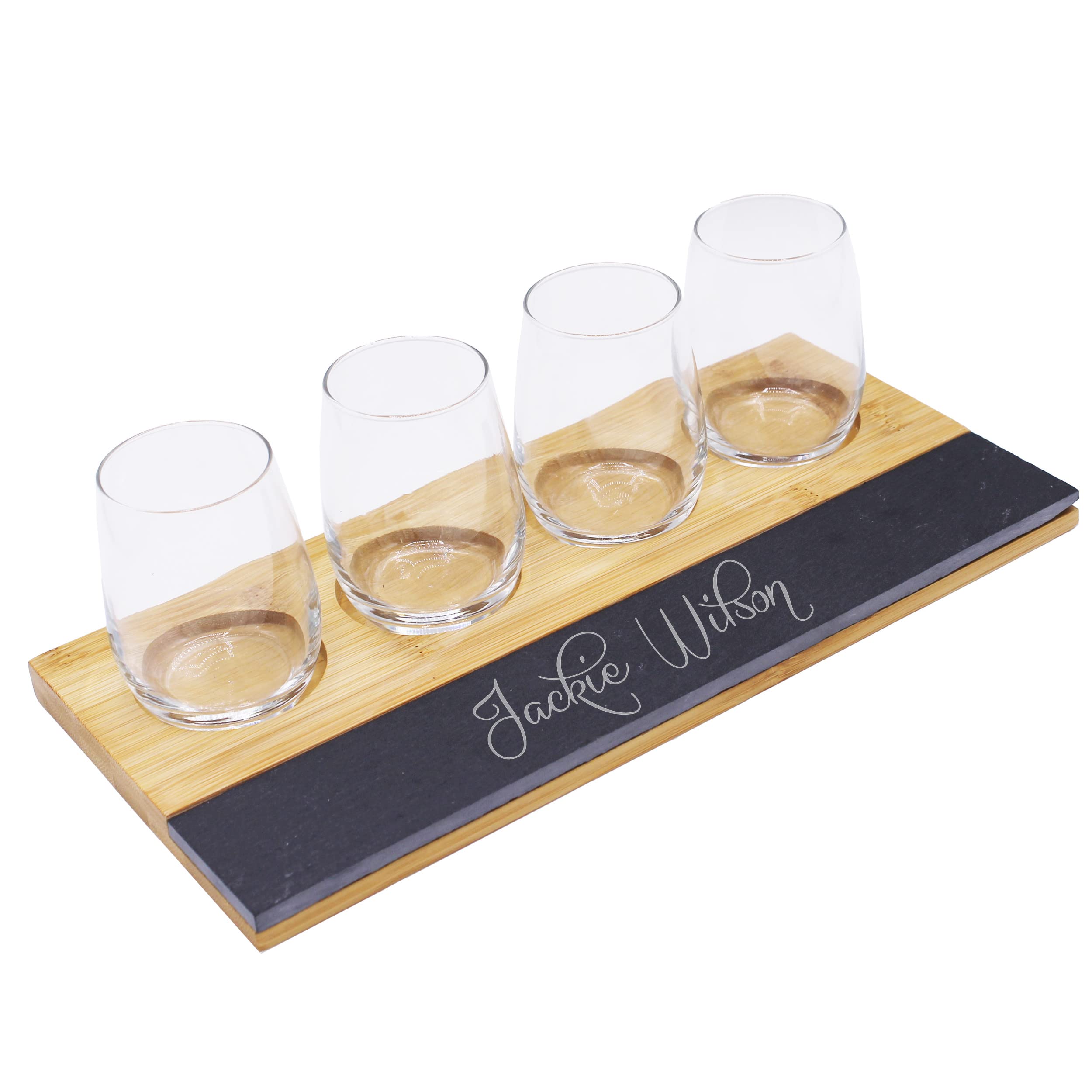 Custom Personalized Wine Flight Tasting Sampler Paddle Board and 4 Glasses Set - 12" x 6" Slate and Bamboo