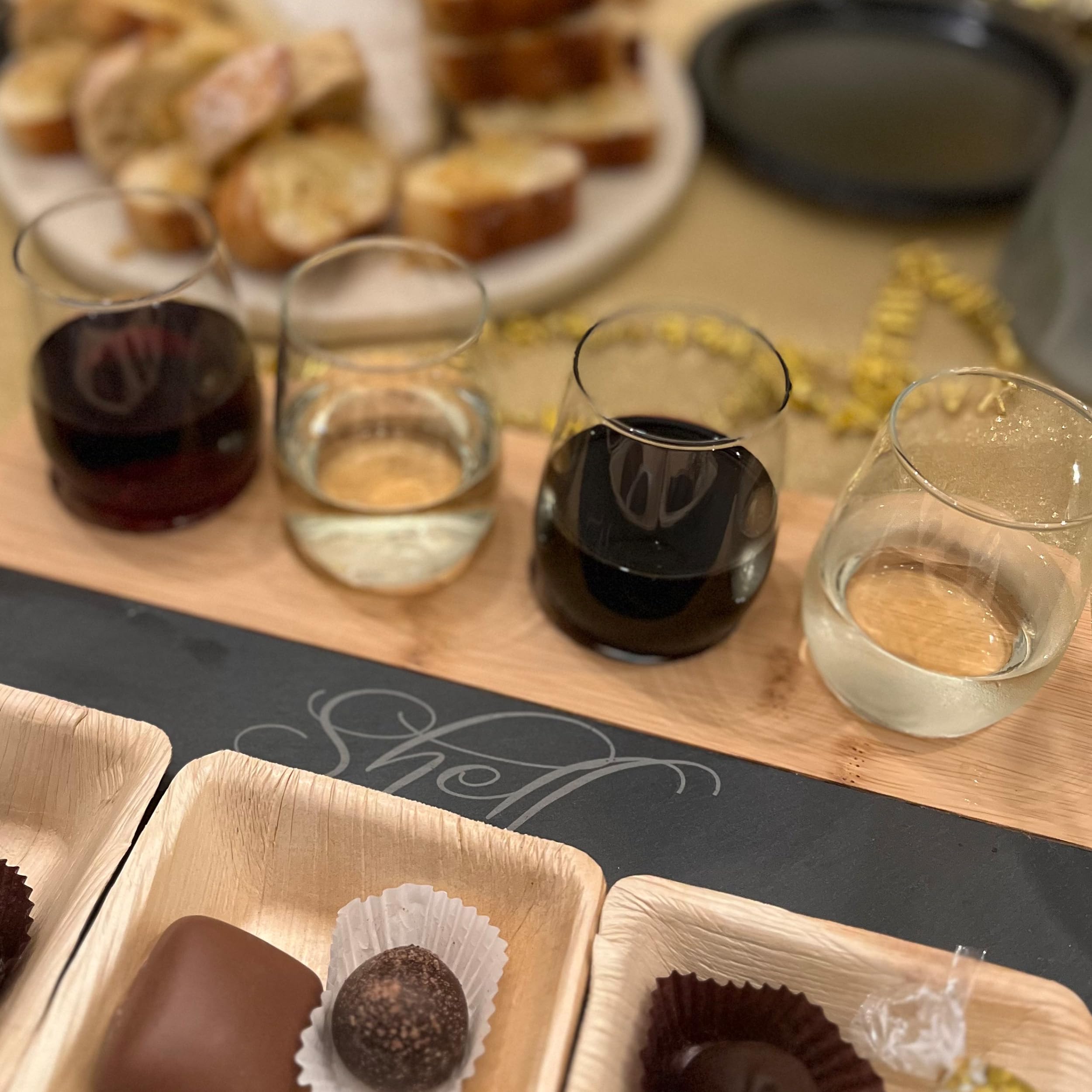 Custom Personalized Wine Flight Tasting Sampler Paddle Board and 4 Glasses Set - 12" x 6" Slate and Bamboo