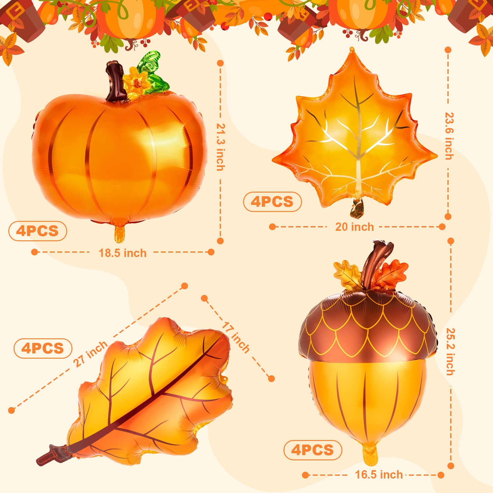 Happy Fall Balloon, 16Pcs Big Maple Leaves Acorn Balloons, Fall Mylar Foil Balloons for ThanksGiving Home Festival Decorations