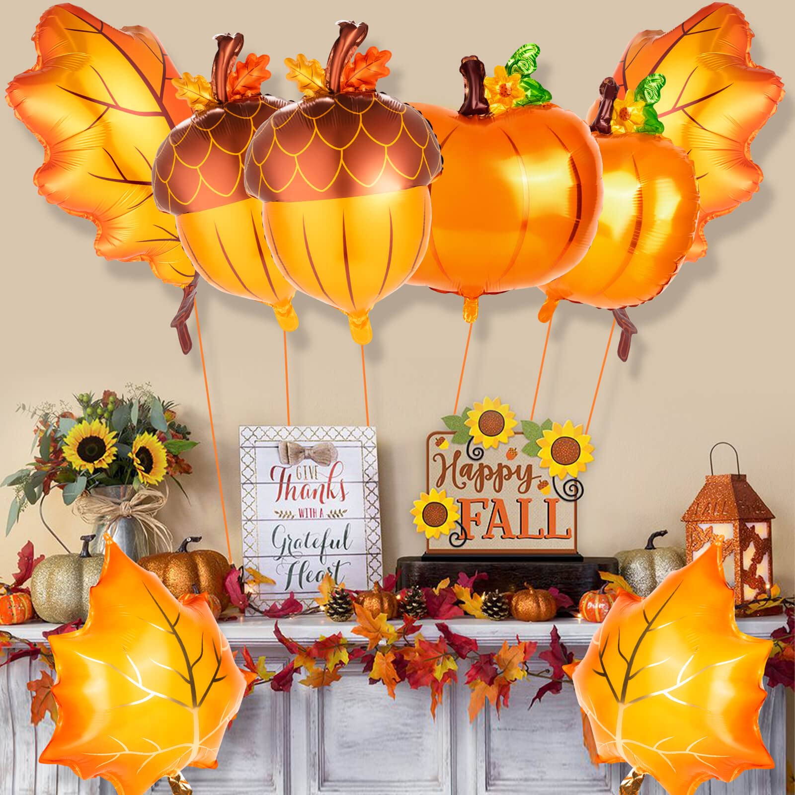 Happy Fall Balloon, 16Pcs Big Maple Leaves Acorn Balloons, Fall Mylar Foil Balloons for ThanksGiving Home Festival Decorations