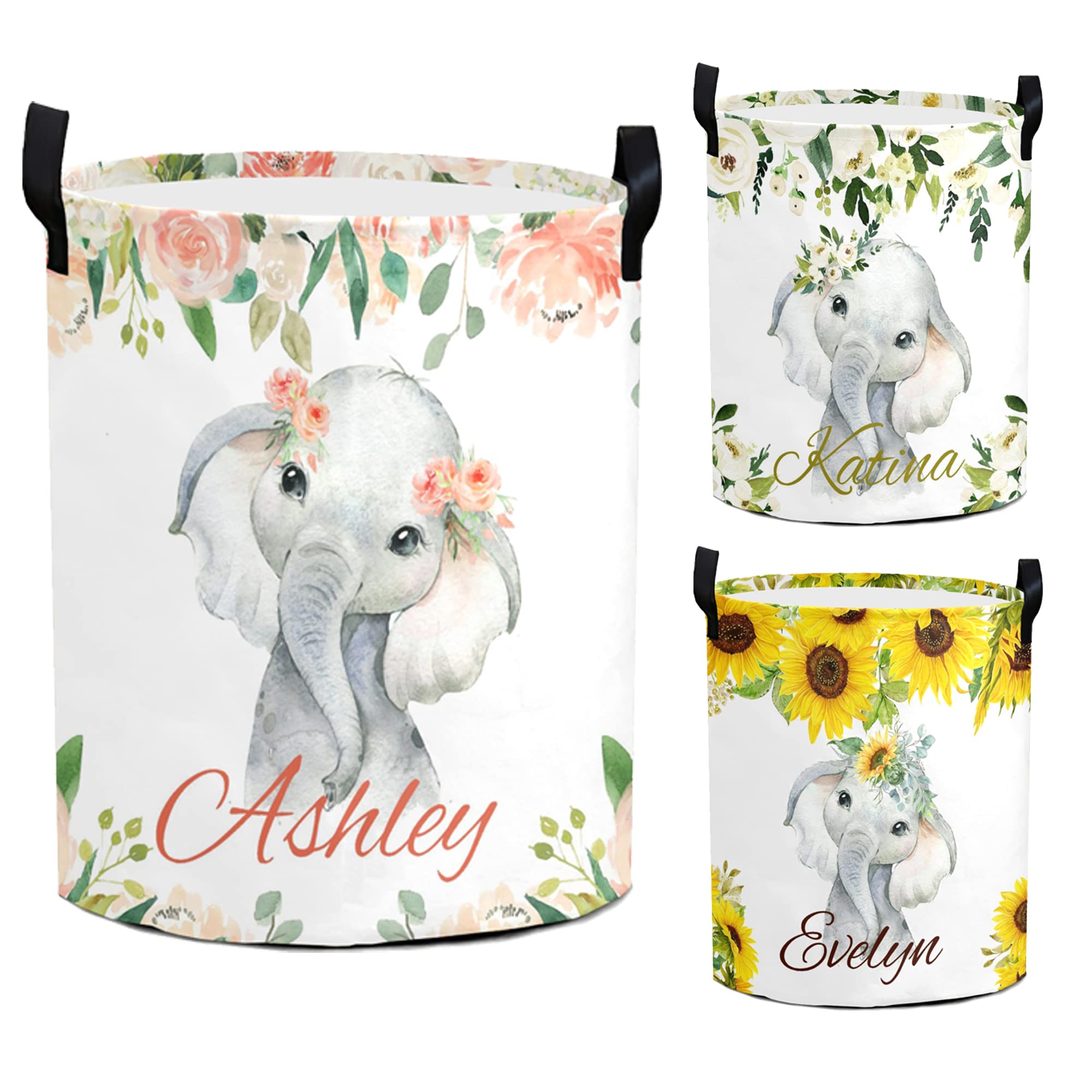 Personalized Baby Laundry Hamper Custom Nursery Hamper with Names for Girl Foldable Storage Organizer with Handles (Elephant)