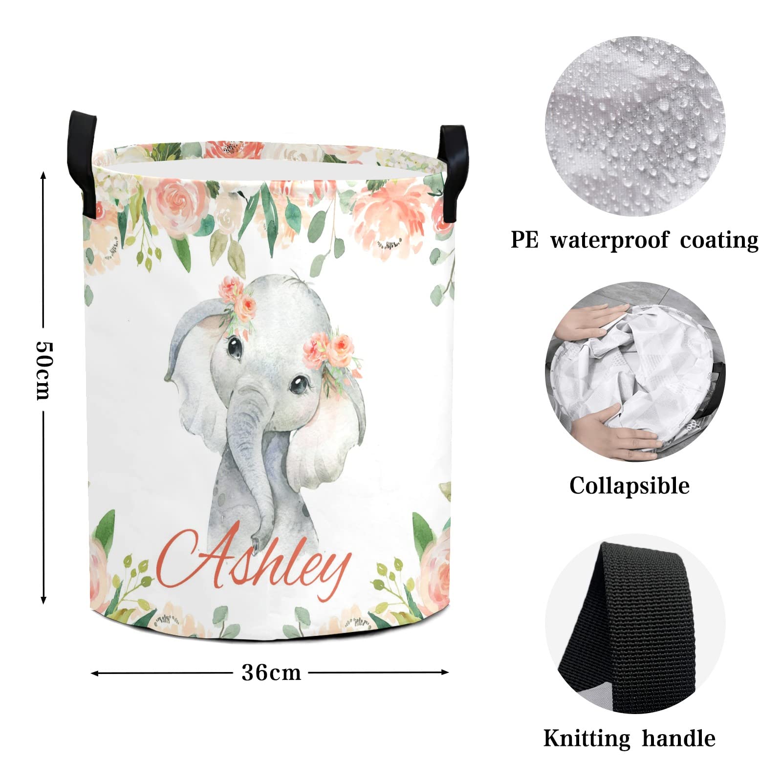 Personalized Baby Laundry Hamper Custom Nursery Hamper with Names for Girl Foldable Storage Organizer with Handles (Elephant)