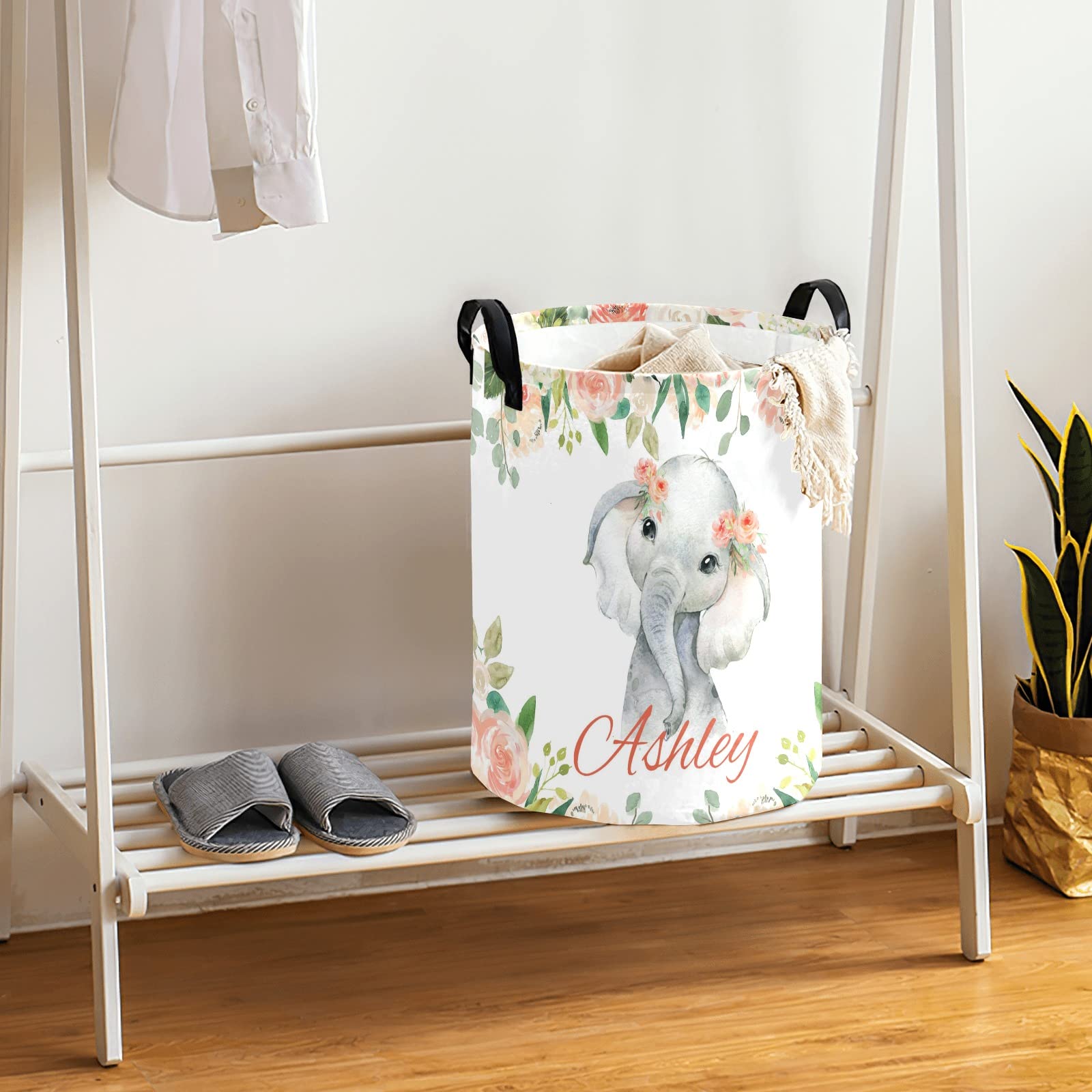 Personalized Baby Laundry Hamper Custom Nursery Hamper with Names for Girl Foldable Storage Organizer with Handles (Elephant)