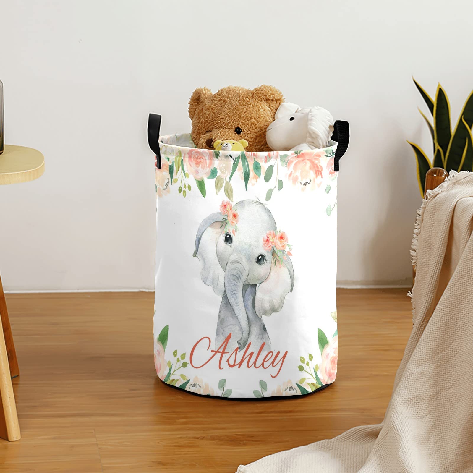 Personalized Baby Laundry Hamper Custom Nursery Hamper with Names for Girl Foldable Storage Organizer with Handles (Elephant)