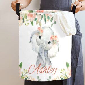 Personalized Baby Laundry Hamper Custom Nursery Hamper with Names for Girl Foldable Storage Organizer with Handles (Elephant)