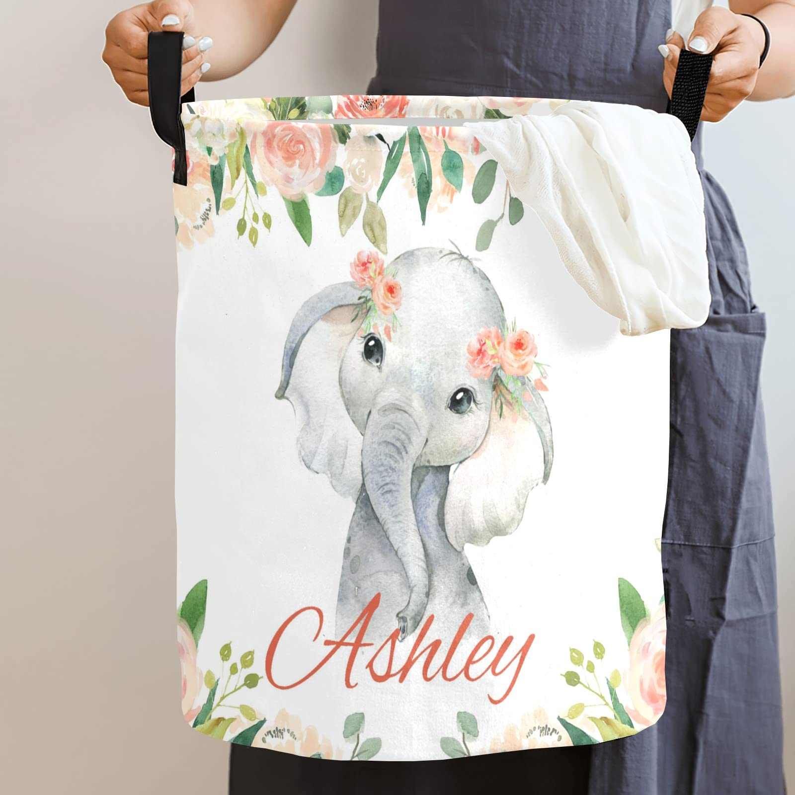 Personalized Baby Laundry Hamper Custom Nursery Hamper with Names for Girl Foldable Storage Organizer with Handles (Elephant)