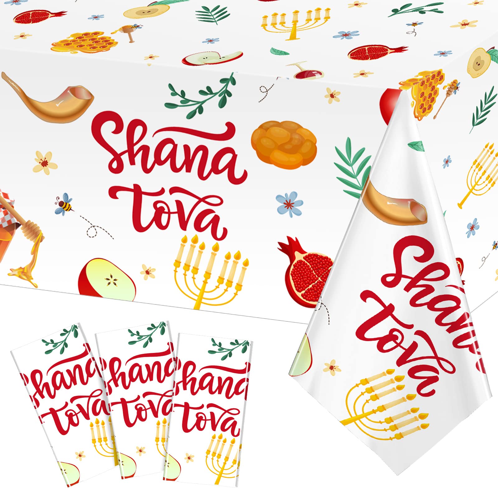 3 Packs Rosh Hashanah Tablecloth Waterproof Rosh Hashanah Plastic Table Cover Shana Tova High Holy Day Tablecloth Jewish New Year Tablecloth for Kitchen Dining Room Decor Supplies 54 x 108 Inches