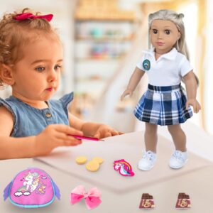 DOTVOSY Designed for American 18 inch Doll Accessories and Clothes School Supplies Set 21 Pcs for 18" Dolls Including Doll School Outfits Uniform, Backpack, Shoes, Pencil, Ruler, Etc