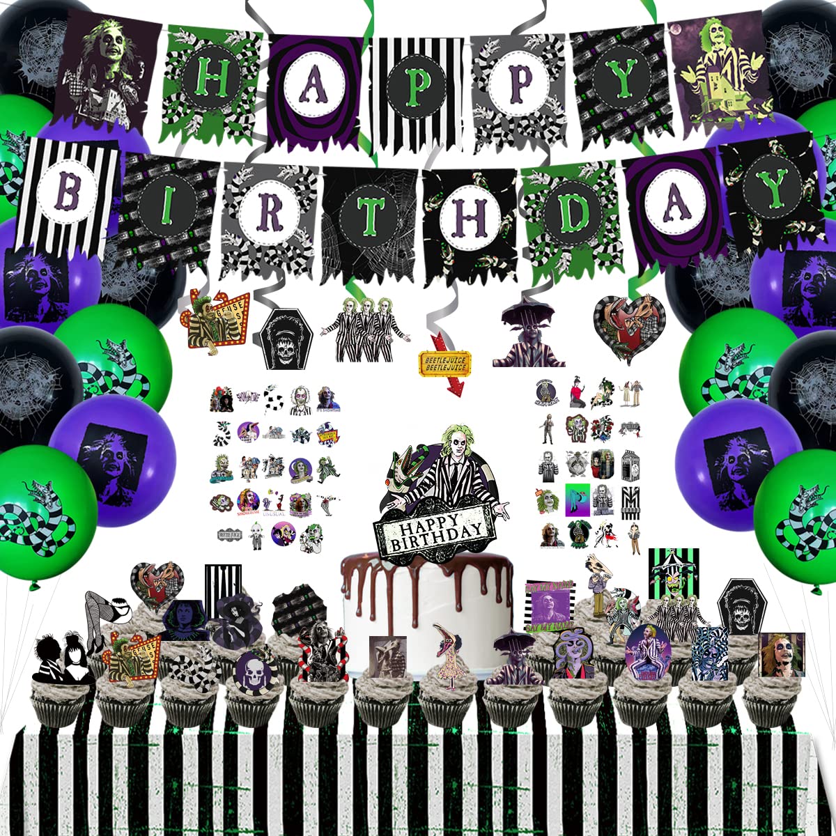 CAILESS Party Decorations - Beetlejuice Party Decorations 102Pcs, Classic Horror Party Supplies Included Birthday Banner Cake Toppers Balloon Swirls Decor Stickers and Stripe Tablecloth