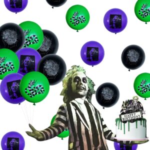 CAILESS Party Decorations - Beetlejuice Party Decorations 102Pcs, Classic Horror Party Supplies Included Birthday Banner Cake Toppers Balloon Swirls Decor Stickers and Stripe Tablecloth