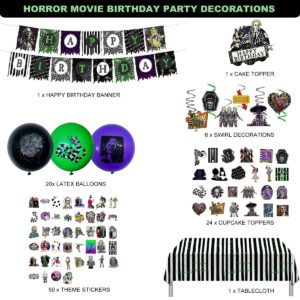 CAILESS Party Decorations - Beetlejuice Party Decorations 102Pcs, Classic Horror Party Supplies Included Birthday Banner Cake Toppers Balloon Swirls Decor Stickers and Stripe Tablecloth