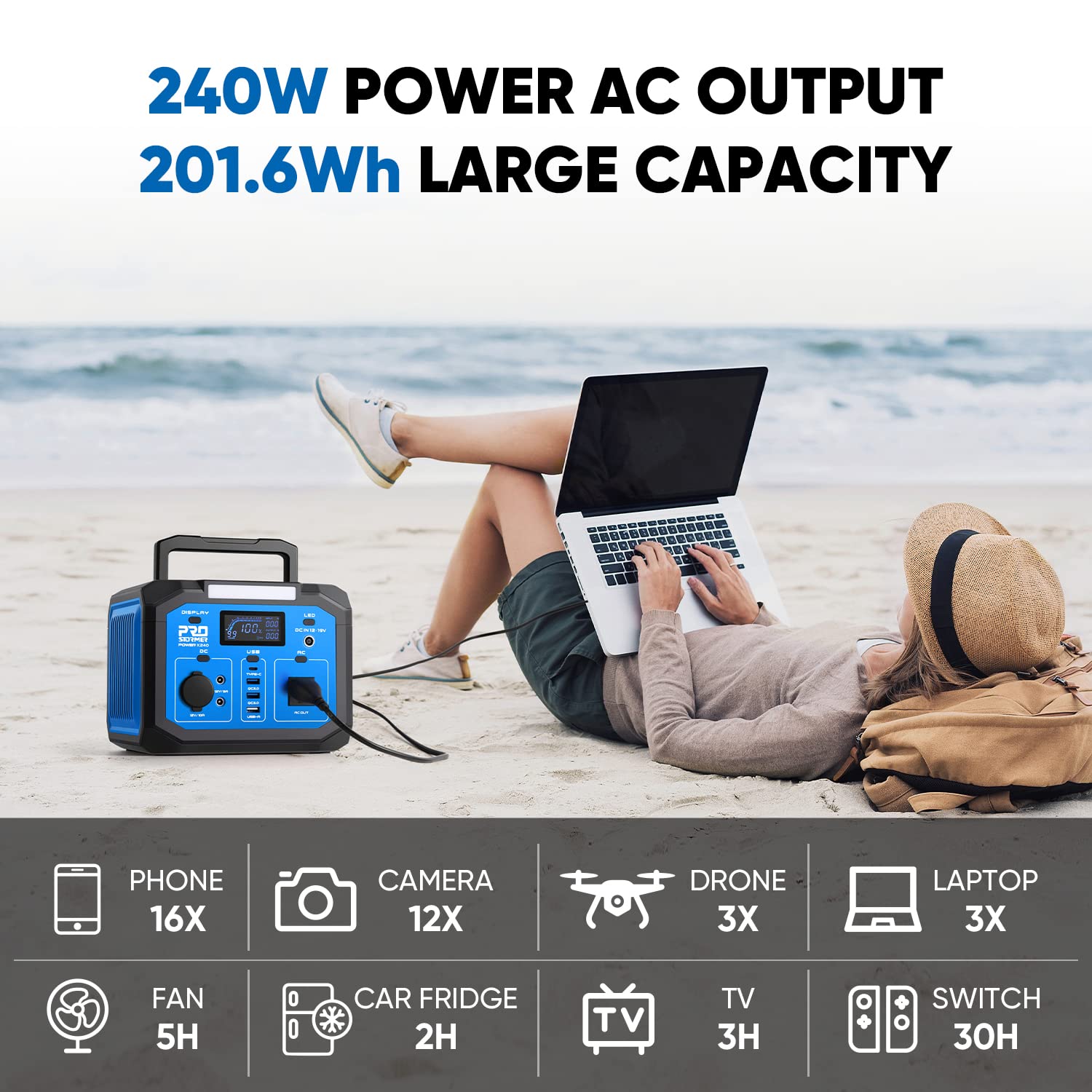 Prostormer Portable Power Station, 201.6Wh Backup Lithium Battery with 110V/240W AC Outlet, Solar Generator (Solar Panel Not Included), LED Lighting for Outdoors Camping Travel Hunting Emergency