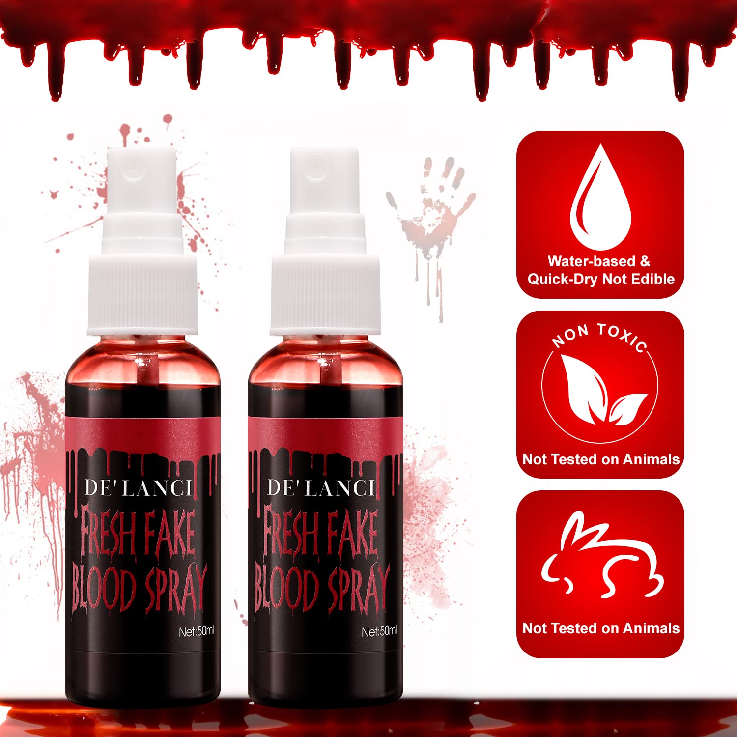 2 PSC Washable Fake Blood Spray,Halloween Fake Blood Splatter, DE'LANCI Liquid Blood for Clothes,Skin and Eye Drops,Squirt Fake Blood Makeup for Vampire Monster Zombie Bride and Costumes,100g(3.53 Oz)