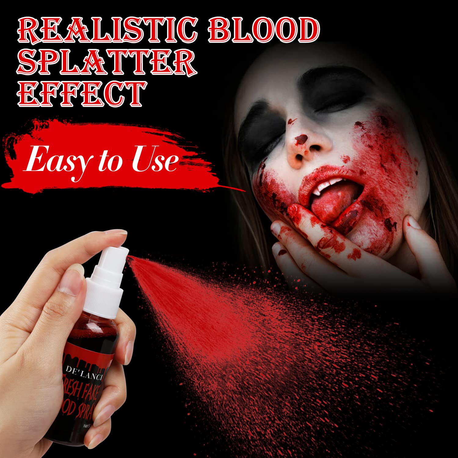 2 PSC Washable Fake Blood Spray,Halloween Fake Blood Splatter, DE'LANCI Liquid Blood for Clothes,Skin and Eye Drops,Squirt Fake Blood Makeup for Vampire Monster Zombie Bride and Costumes,100g(3.53 Oz)