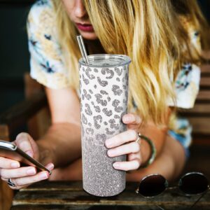 Heqianco Leopard Tumbler With Lid and Straw Cheetah Tumbler Leopard Print Skinny Tumbler Leopard Print Tumbler Cheetah Print Cups Water Bottle Coffee Tumbler Travel Mug Gifts for Women