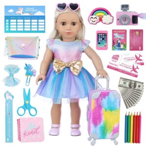 xfeyue 32 pcs american doll clothes and accessories 18 inch doll luggage and school play set - suitcase, school sets, camera, handbag, sungalsses, fit 18 inch doll