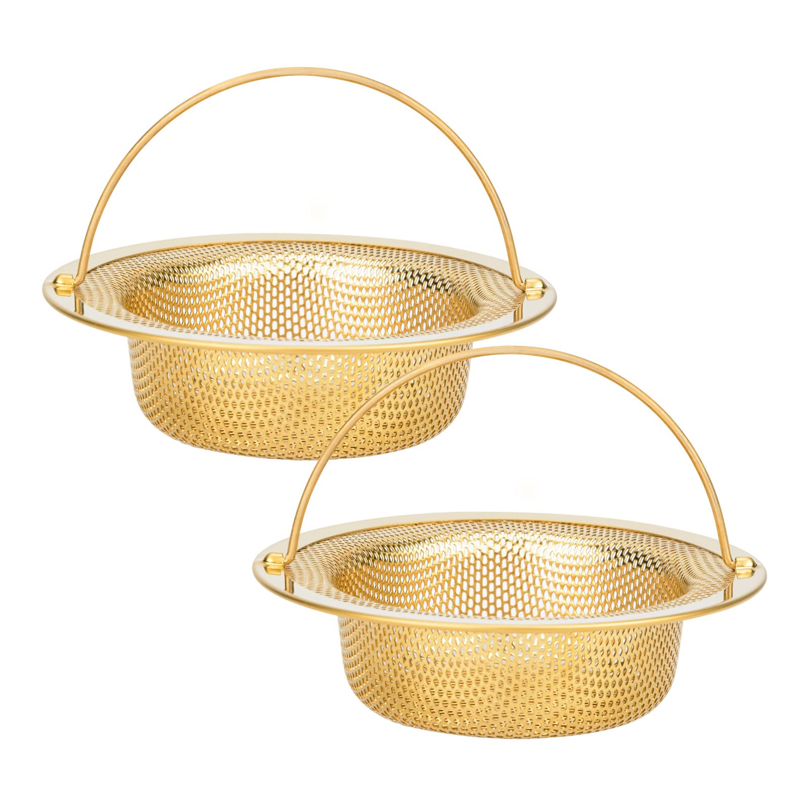 Snailhouse Sink Strainers, 2 Pack 4.5 Inches Stainless Steel Kitchen Mesh Sink Drain Basket Food Catcher with Wide Rim and Handle, Gold