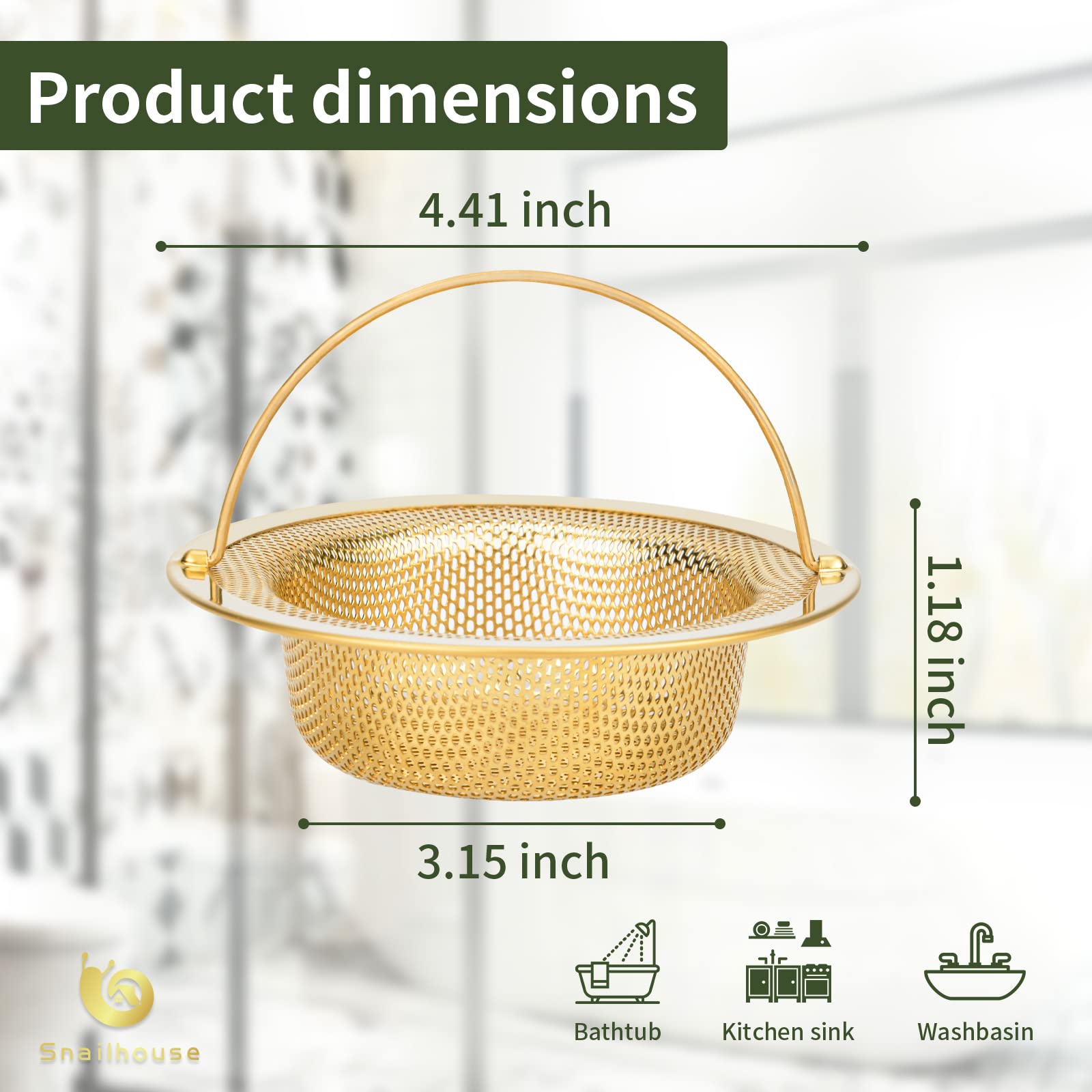 Snailhouse Sink Strainers, 2 Pack 4.5 Inches Stainless Steel Kitchen Mesh Sink Drain Basket Food Catcher with Wide Rim and Handle, Gold