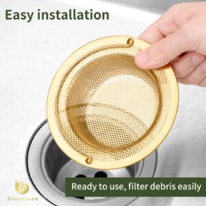 Snailhouse Sink Strainers, 2 Pack 4.5 Inches Stainless Steel Kitchen Mesh Sink Drain Basket Food Catcher with Wide Rim and Handle, Gold