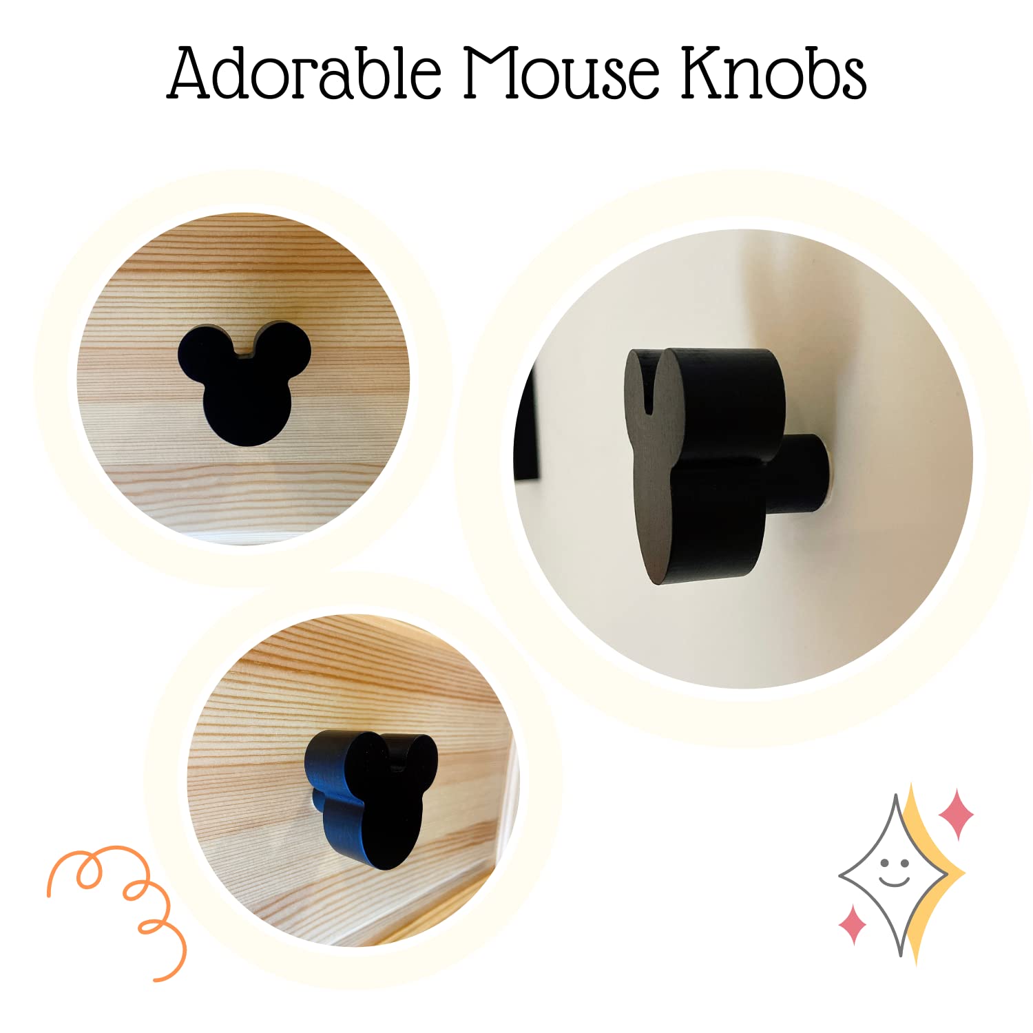 6pc Wooden Mouse Knob for Dresser Drawers | Mouse Knobs Handles & Pulls Set for Cabinet | Mouse Furniture Hardware for Bathroom, Kitchen & Nursery | Home Decor Decorations for Kids & Adults (Black)