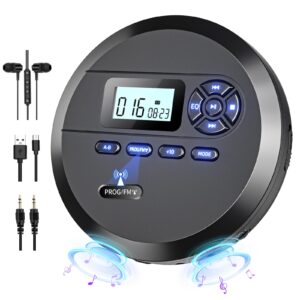 cd player portable, desobry portable cd player with speakers & fm transmitter, compact cd player for car built-in 2000mah rechargeable battery, walkman cd player with lcd screen, earphones, aux cord