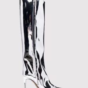 MissHeel Silver Metallic Knee High Boots Sexy Patent Leather Stiletto High Heels Boots for Women Slouch Wide Calf Boots Pointed Toe Size 7